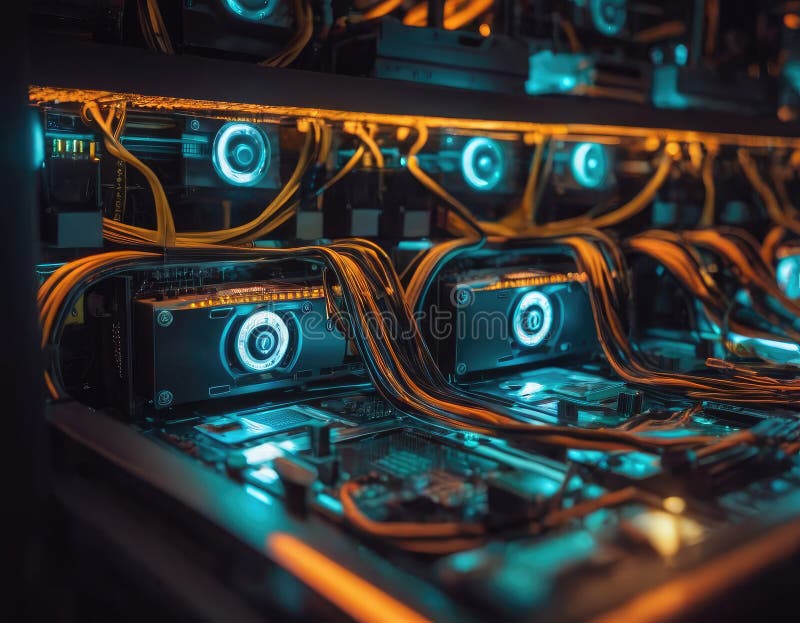 Glowing Crypto Mining Farm with Graphic Card or Gpu Rack in the Dark ...