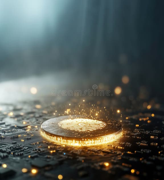 Glowing Cryptocurrency Coin on Circuit Board with Digital Effects and ...
