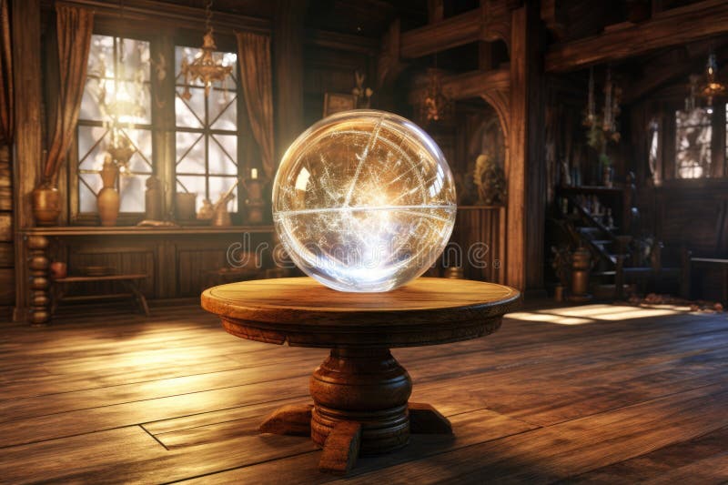 Glowing Crystal Ball on an Ancient Wooden Table Stock Illustration ...