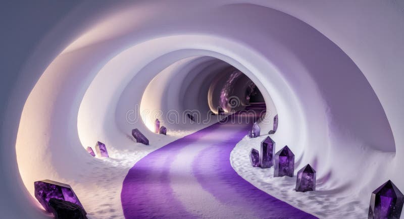 Glowing Crystal Cave Tunnel with Purple Path. Stock Image - Image of ...