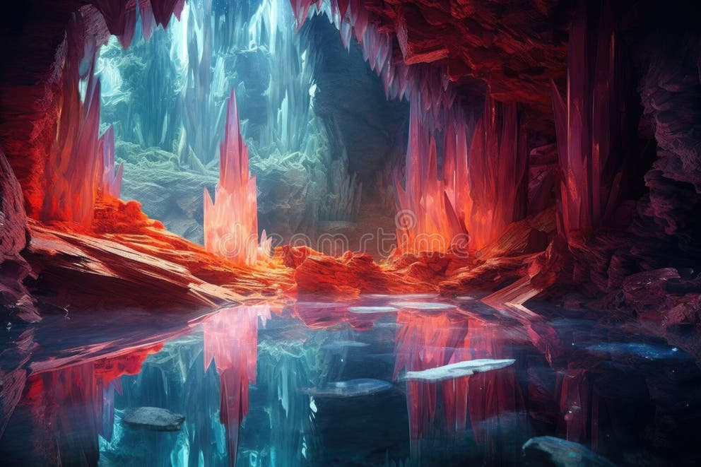 Glowing Crystal Cave with Vibrant Reflections Stock Illustration ...