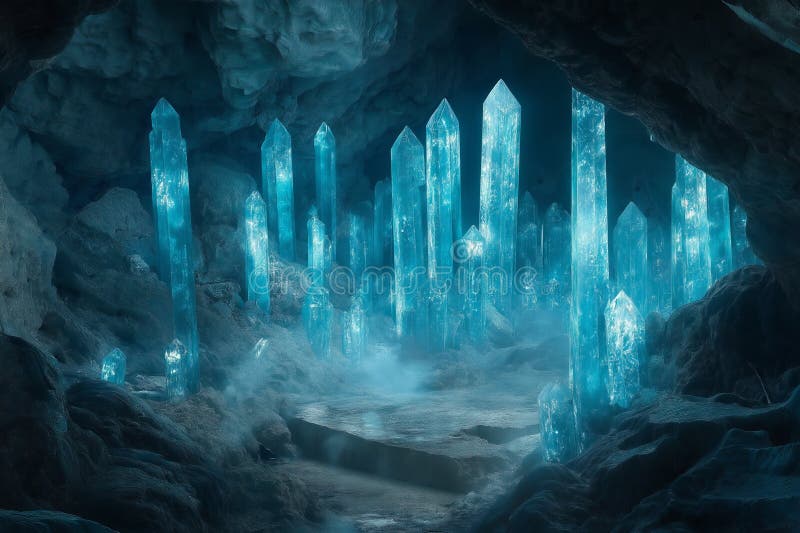 Glowing Crystal Cavern with Towering Translucent Formations Stock ...