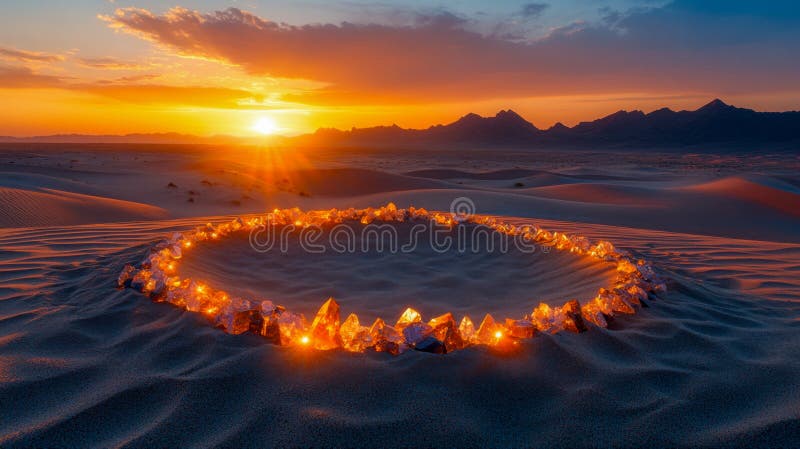Glowing Crystal Circle at Sunset in the Desert with Distant Mountains ...