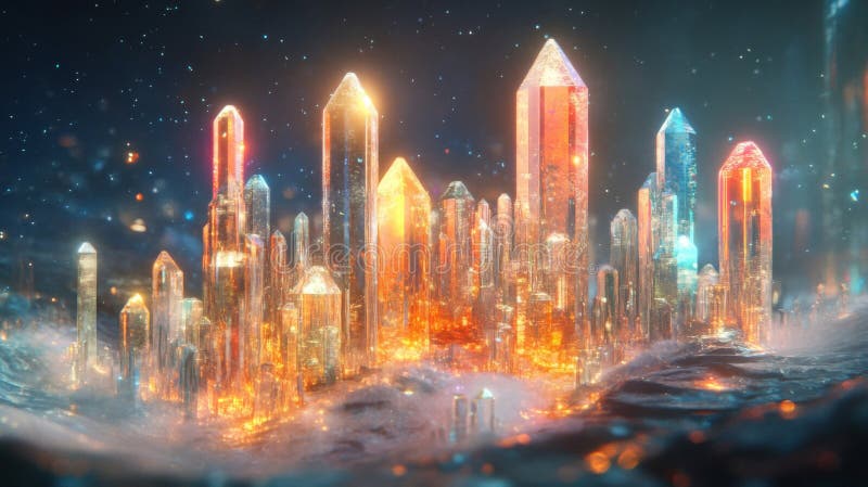 Glowing Crystal Cityscape at Night Stock Illustration - Illustration of ...