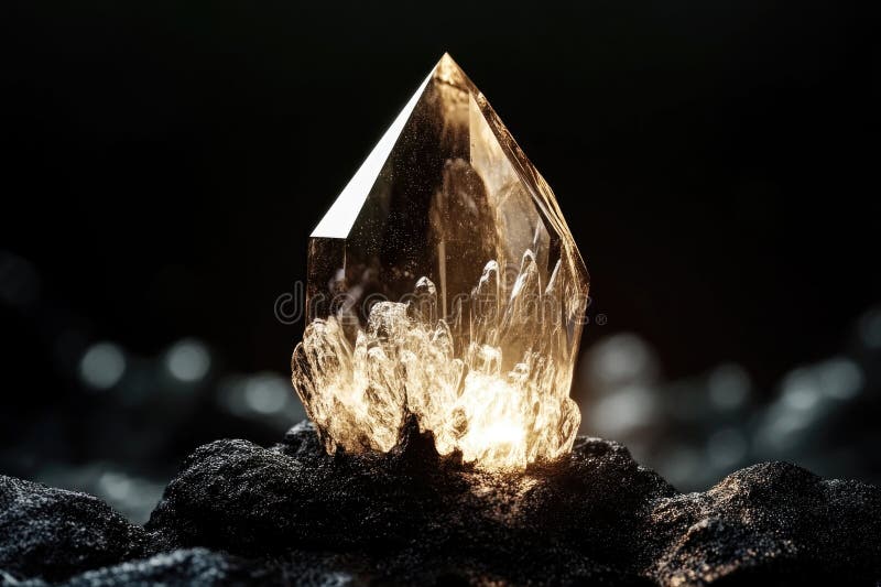 Glowing Crystal on Dark Rock with Illuminated Edges and Reflections ...