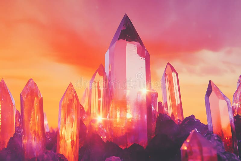 Glowing Crystal Formation Against Pink Sky, Sharp Edges, Shiny Surface ...