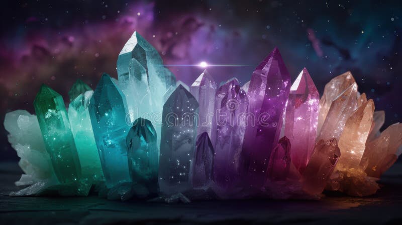 Glowing Crystal Formations in a Cosmic Night Sky Stock Illustration ...