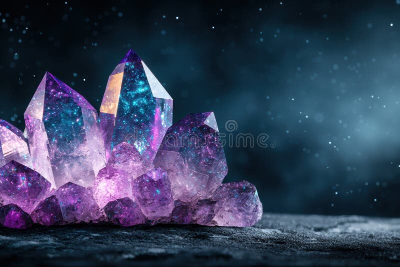 Glowing Crystal Formations in a Starry Night Sky Stock Illustration ...