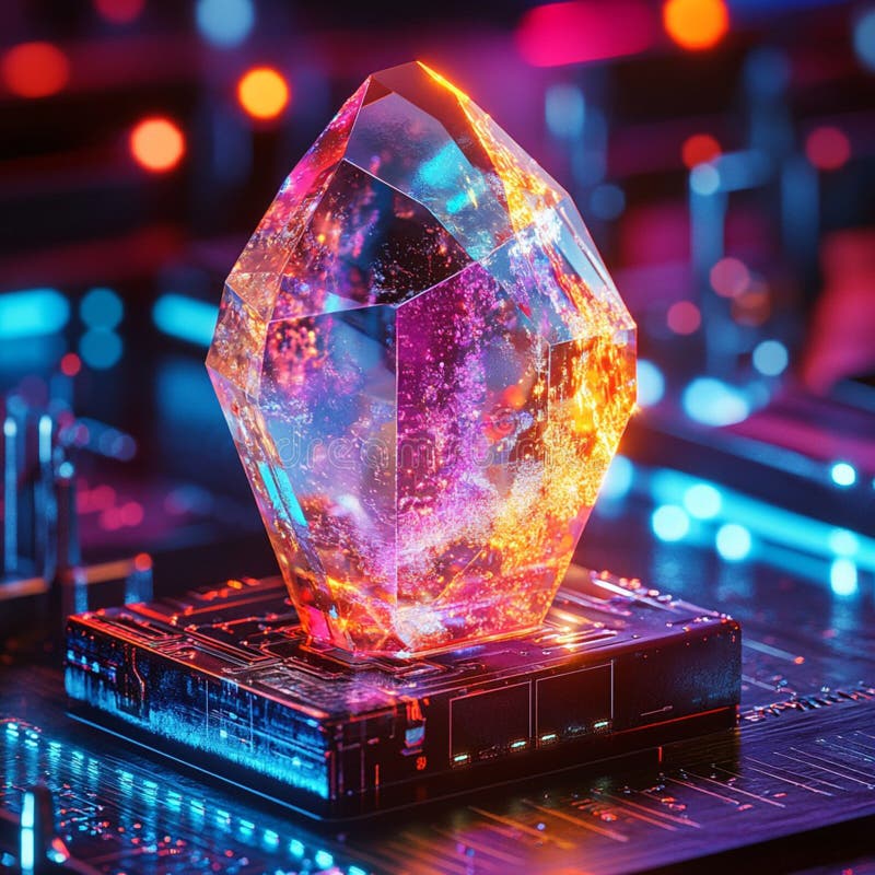 Glowing Crystal Gem Surrounded by Futuristic Circuit Board and Vibrant ...