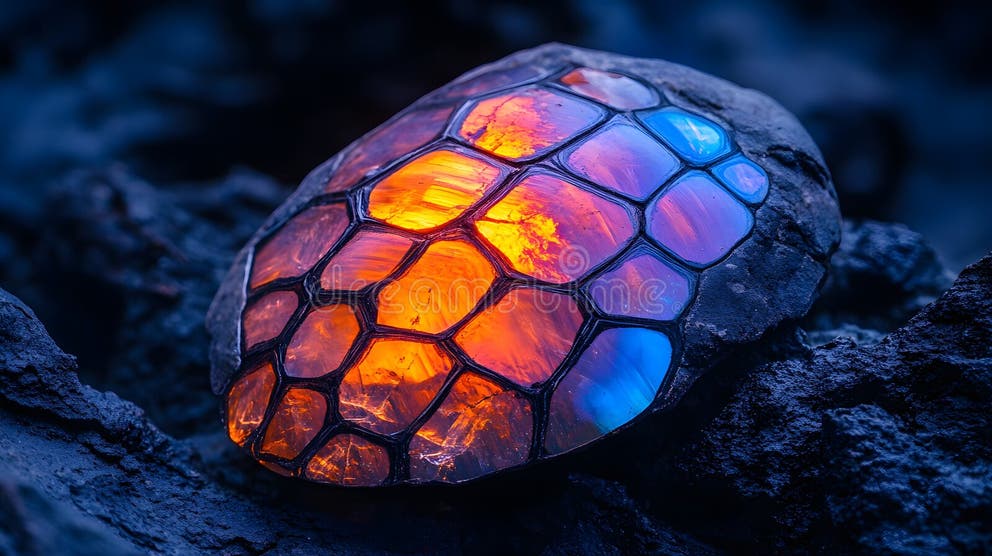 A Glowing Crystal with a Honeycomb Pattern Resting on Dark Textured ...