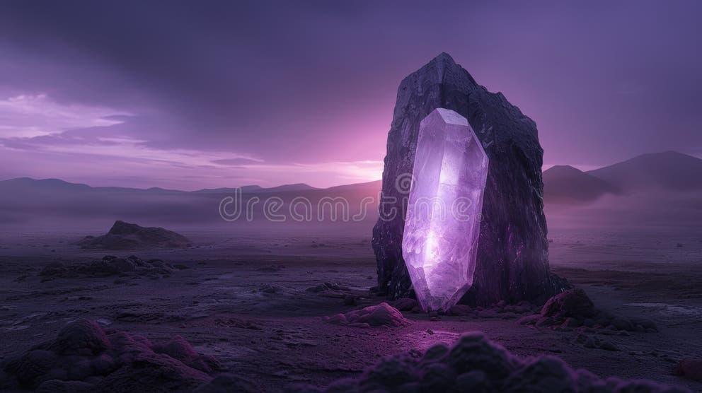 Glowing Crystal Monolith in Dramatic Landscape Stock Illustration ...