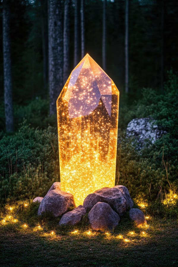 Glowing Crystal in Mystical Forest with Sparkling Light Reflections ...