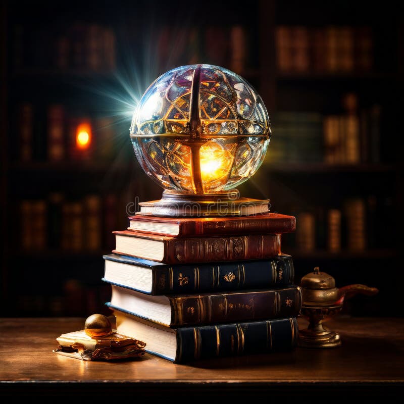 Glowing Crystal Orb on Stack of Vintage Books in Library Stock Photo ...
