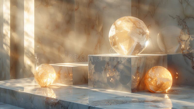 Elegant Crystal Orbs Reflecting Light in a Serene Marble Setting during ...
