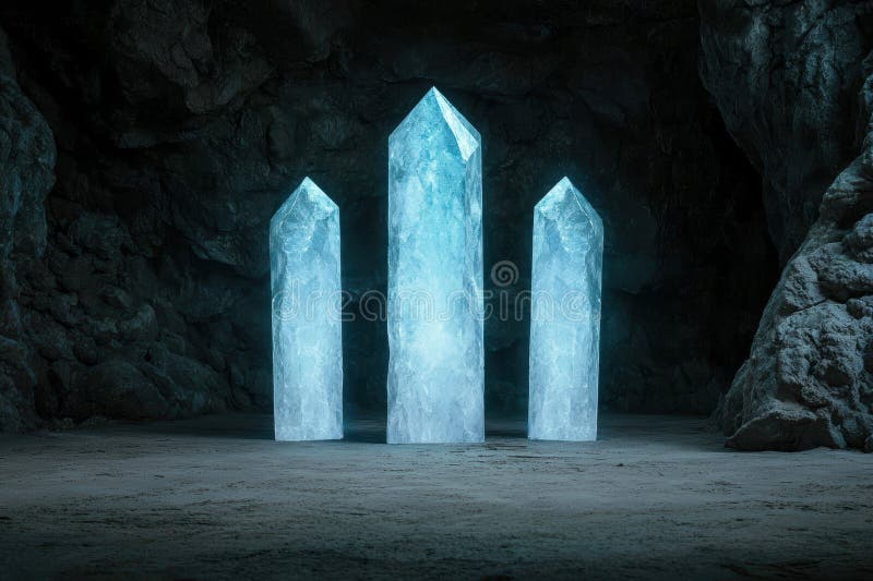 Glowing Crystal Pillars in Dark Cave Stock Illustration - Illustration ...