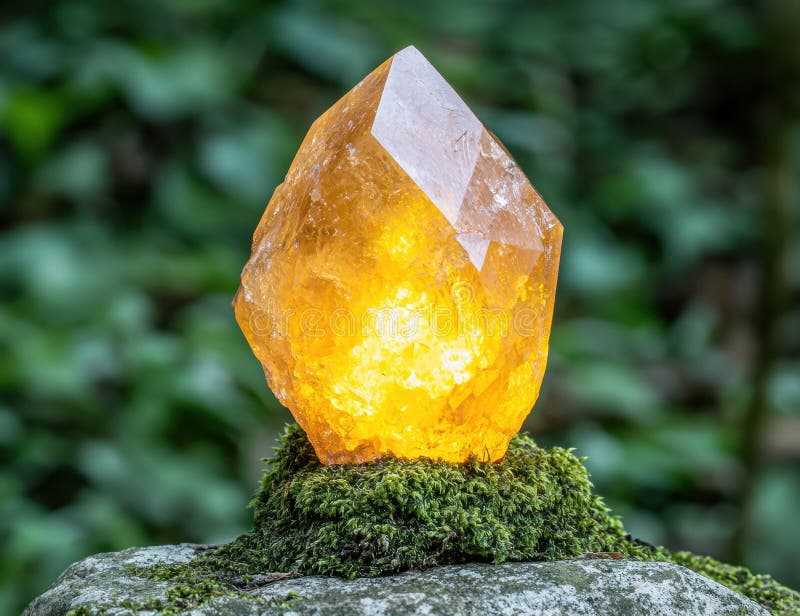 Glowing Crystal Quartz on Moss-covered Rock Stock Illustration ...