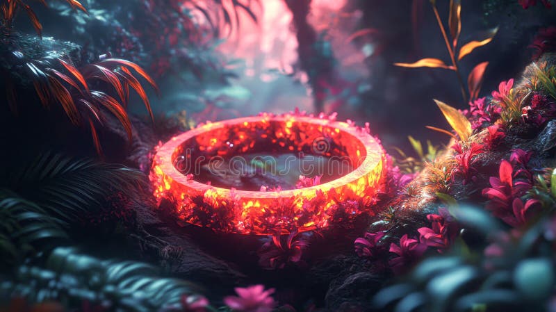 Glowing Crystal Ring in Enchanted Forest with Lush Foliage and Vibrant Colors Stock Illustration ...