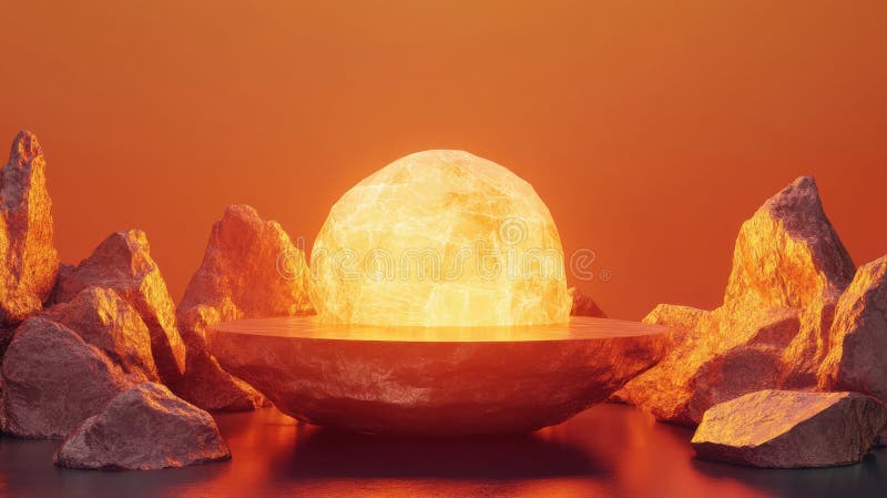 Glowing Crystal Sphere on Stone Bowl with Abstract Rocky Background in ...