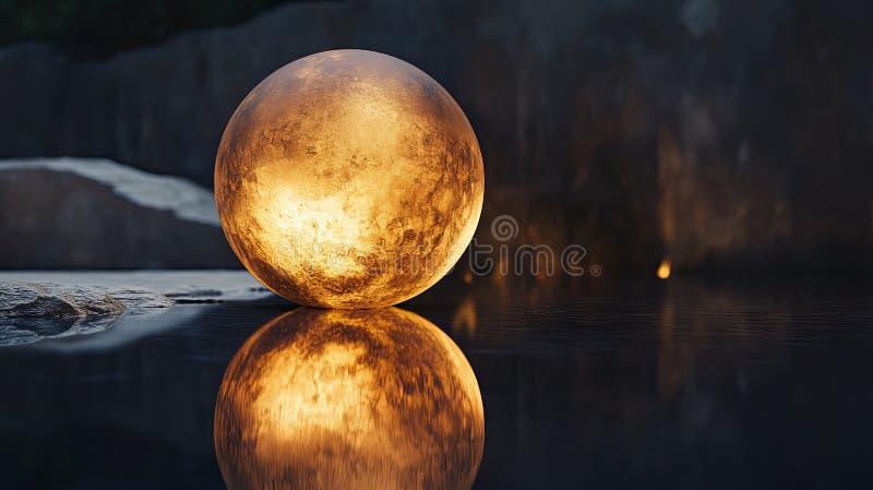 A Glowing Crystal Sphere Styled on a Reflective Surface with Dark ...