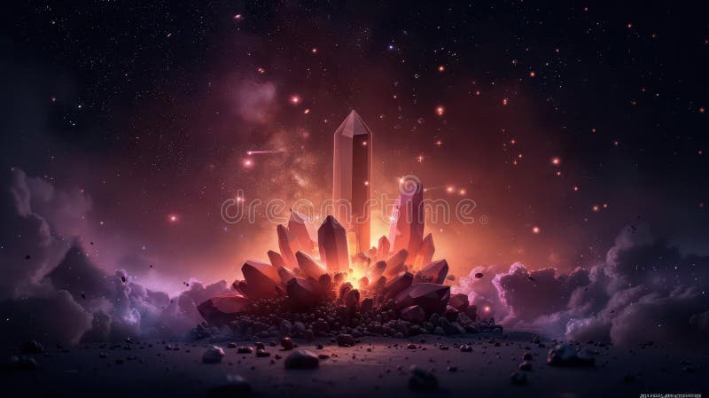 A Glowing Crystal Tower Rises from a Field of Crystals in a Night Sky ...