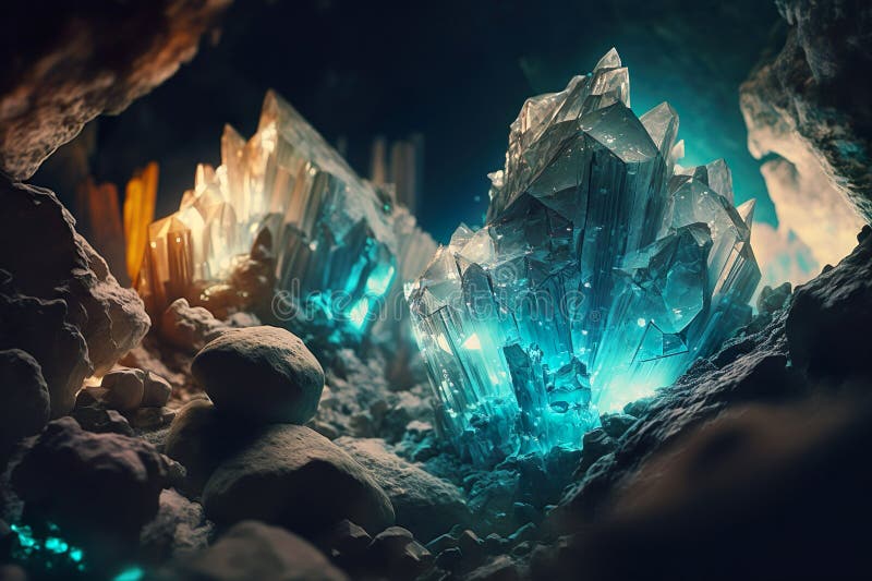 Glowing Crystals Gather in a Dark Cave. Generative Ai. Stock ...