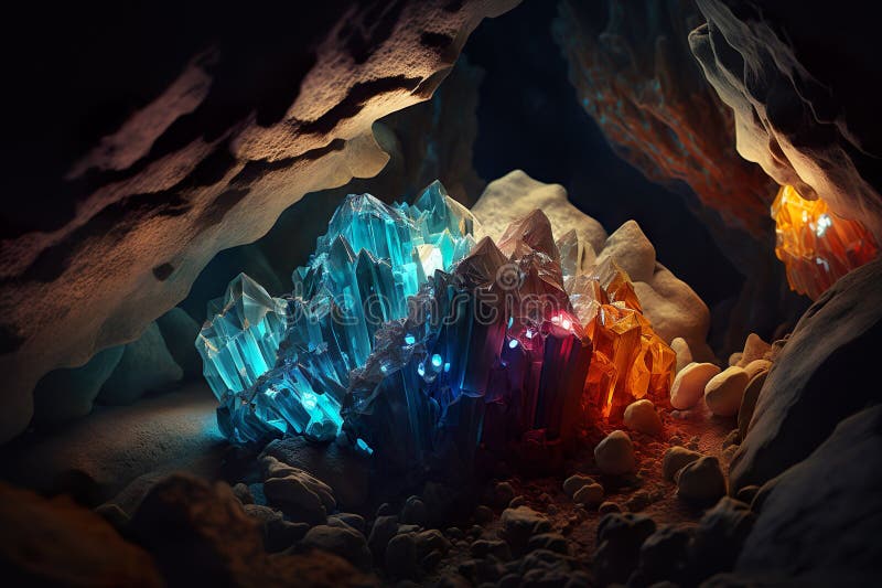 Glowing Crystals Gather in a Dark Cave. Generative Ai. Stock ...