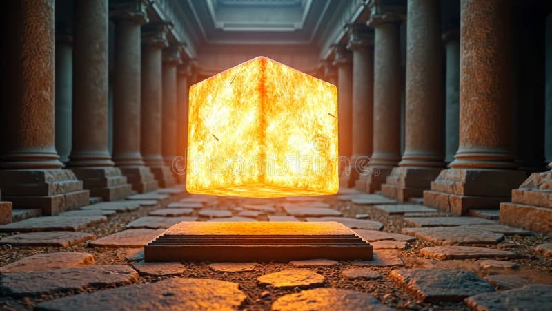 Luminous Cube in Ancient Hall: a Digital Masterpiece Stock Video ...