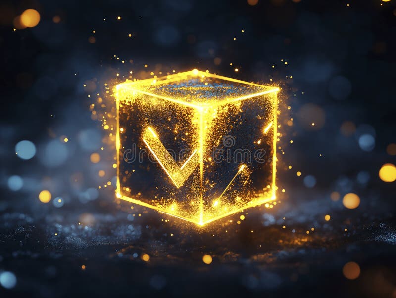 Glowing Cube with Checkmark Symbol, Surrounded by Sparkling Particles ...