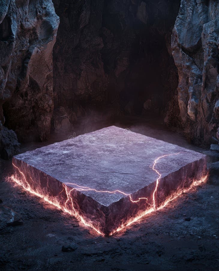 Glowing cube in dark cave stock illustration. Illustration of darkness ...