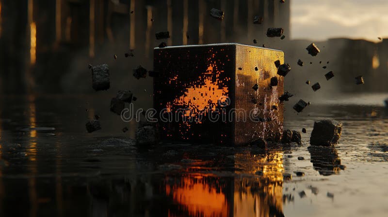 Glowing Cube Disintegrating in Post-apocalyptic Waterscape Stock Image ...