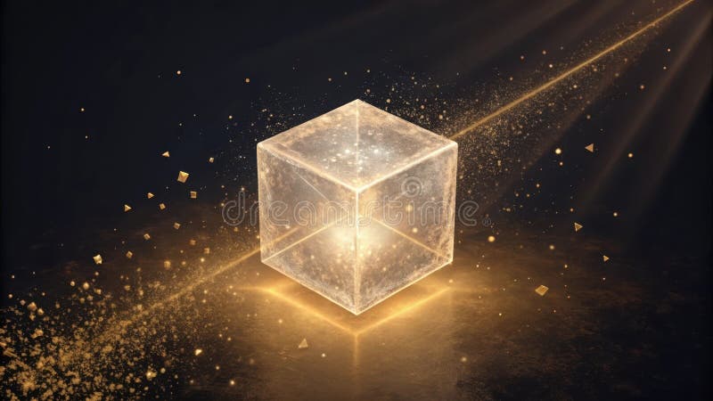 Glowing Cube Floating on Dark Background with Golden Particles Stock ...