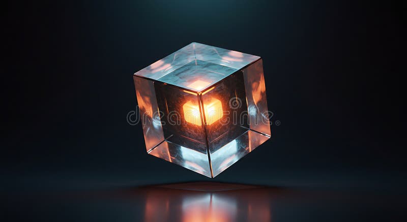 Glowing Cube Floating with Reflections on Dark Background Futuristic ...