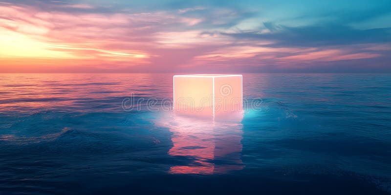 Glowing Cube Floating on Tranquil Ocean at Sunset with Vibrant Sky and ...