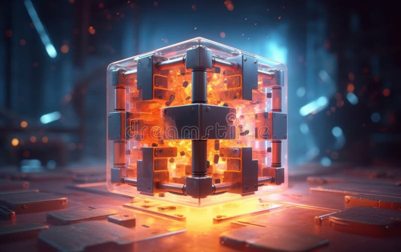 Glowing Cube in Futuristic Setting. Created by Generative Artificial ...