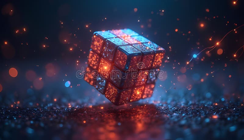 Glowing Cube Hovers Above Sparkling Surface Futuristic Technology Stock ...