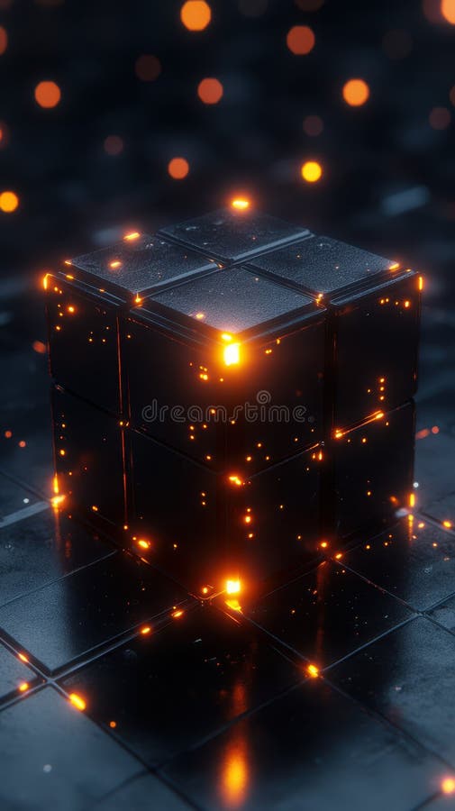 Glowing Cube with Illuminated Edges on Reflective Surface Stock ...