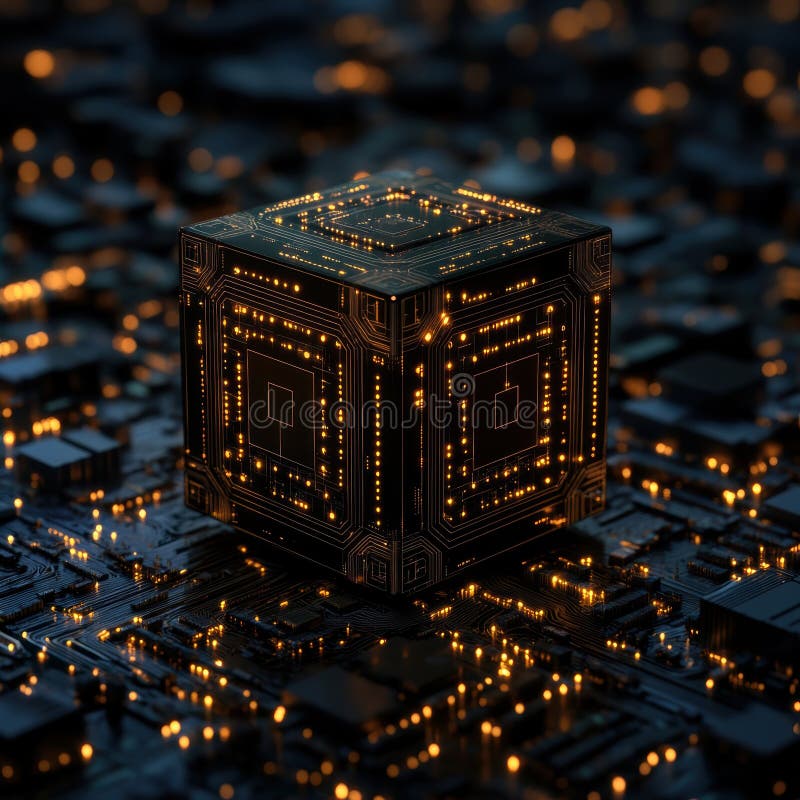 A Glowing Cube with Intricate Circuit Patterns Resting on a Futuristic ...