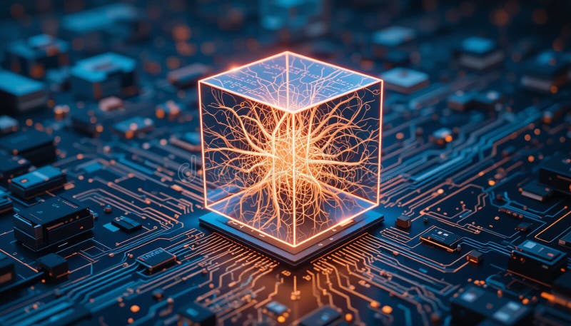 Glowing Cube with Intricate Circuitry and Glowing Lines Represents ...