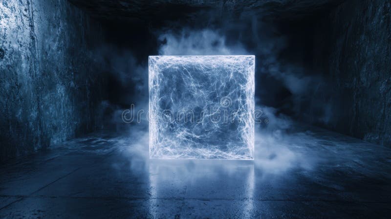 Glowing Cube in Misty Cave stock illustration. Illustration of moody ...