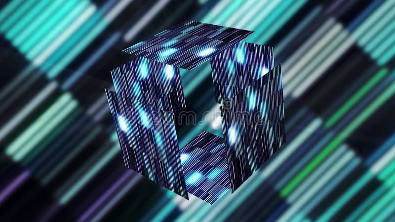Glowing Cube Opens in Cyberspace. Motion. Virtual 3D Cube Opens As ...