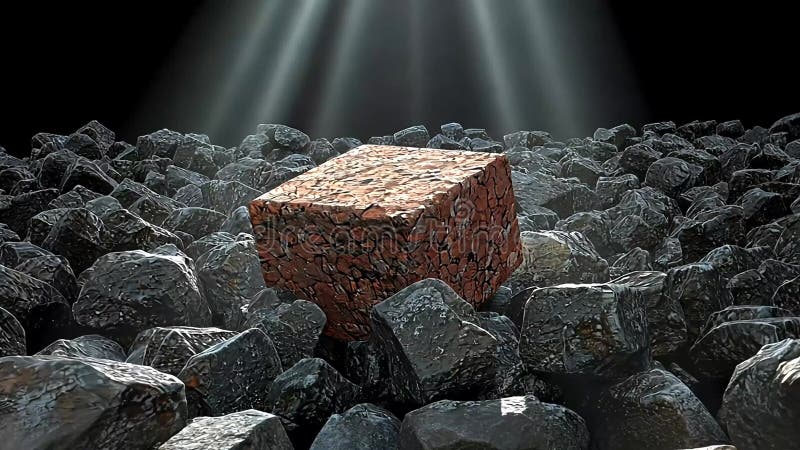 Glowing Cube Rests on Dark Rocks, Illuminated by Beams of Light in a ...