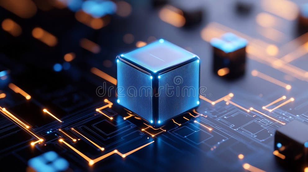 Glowing Cube Sits on Digital Circuit Board Surrounded by Intricate ...
