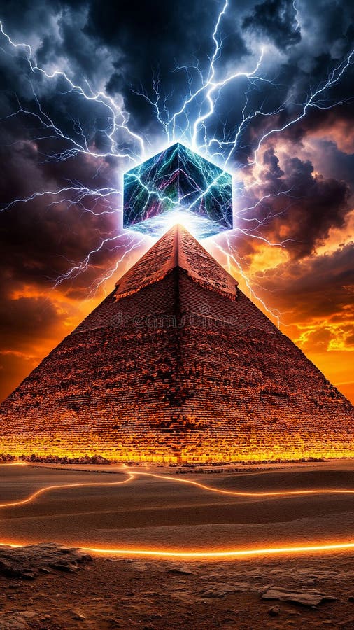 A Glowing Cube in the Sky Above the Pyramid Stock Illustration ...