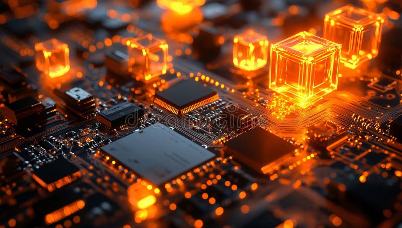Glowing Cubes on Circuit Board - Abstract Tech Background Stock Illustration - Illustration of ...