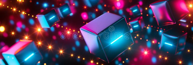 Glowing Cubes Floating in Abstract Space with Neon Lights Stock Image ...
