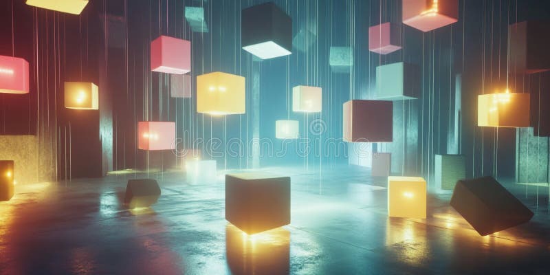 Glowing Cubes in Futuristic Interior Design Stock Illustration ...