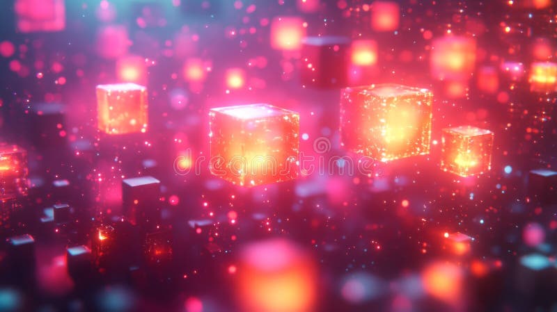 Abstract Glowing Cubes Floating in a Dynamic Digital Space Filled with ...