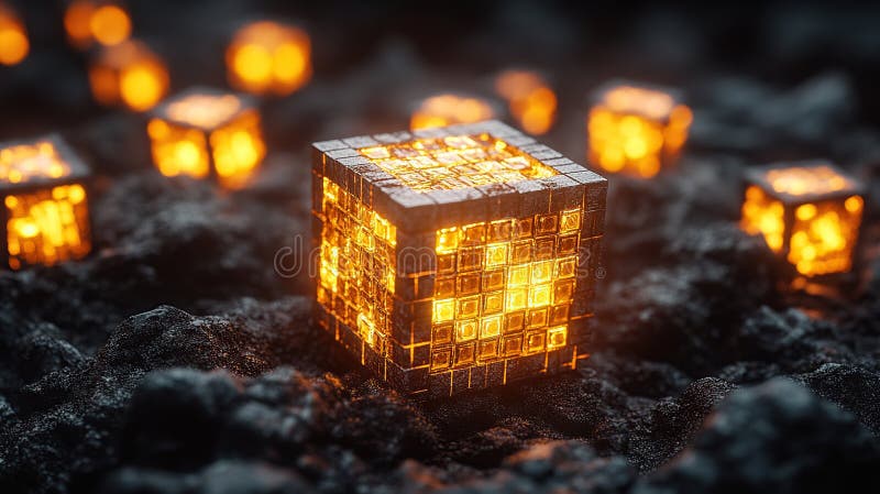 Glowing Cubic Structures on Dark Rocky Surface Stock Illustration ...