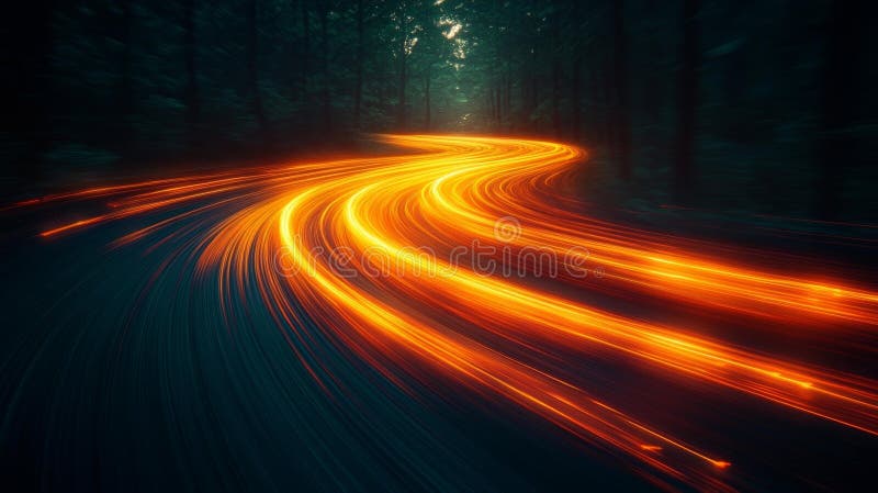 Glowing Curved Light Trails on Dark Road Stock Illustration ...