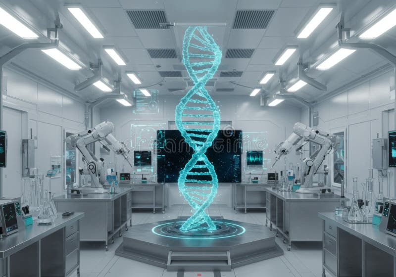 Glowing Cyan DNA Helix in Futuristic Laboratory Stock Illustration ...